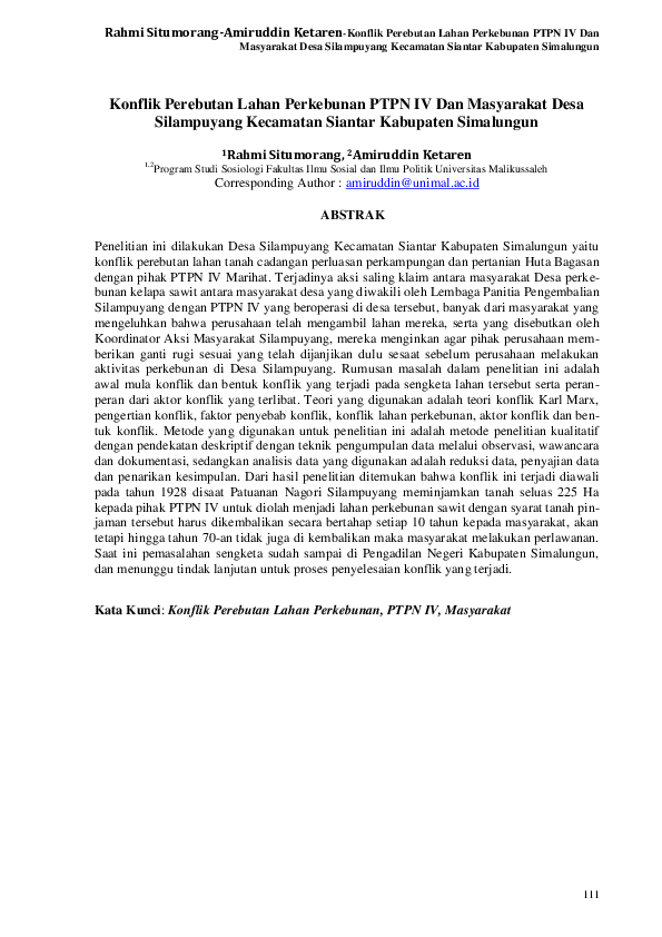 (PDF) Konflik Perebutan Lahan Perkebunan PTPN IV dengan Masyarakat Desa Silampuyang Kecamatan ...
