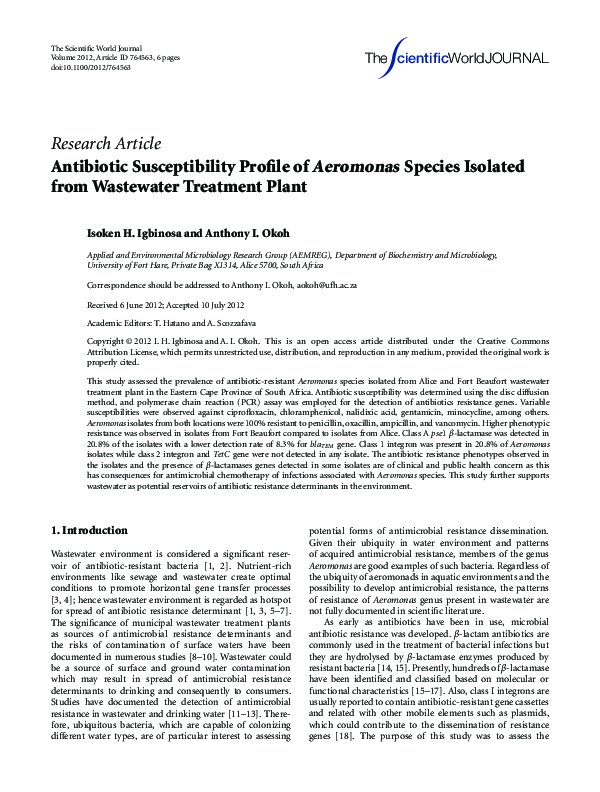 (PDF) Antibiotic Susceptibility Profile of Aeromonas Species Isolated ...