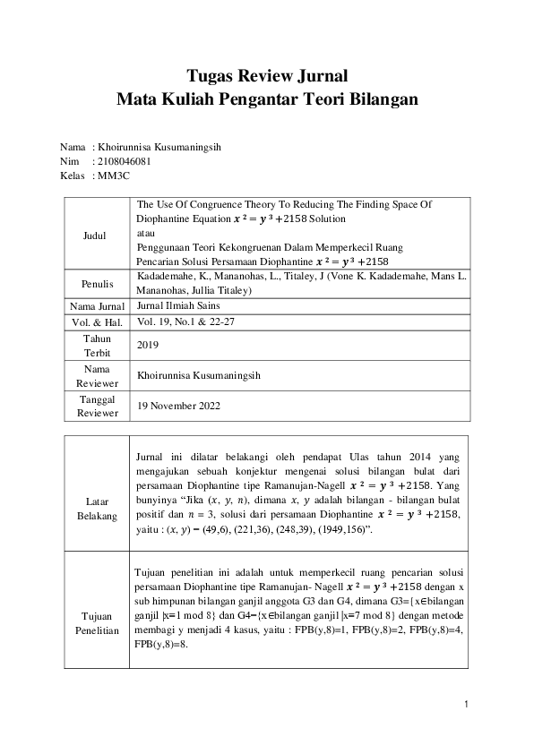 (PDF) Contoh Tugas Kuliah Review Jurnal Mata Kuliah Pengantar Teori Bilangan | khoirunnisa ...