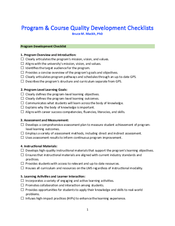 (PDF) Program & Course Quality Development Checklists