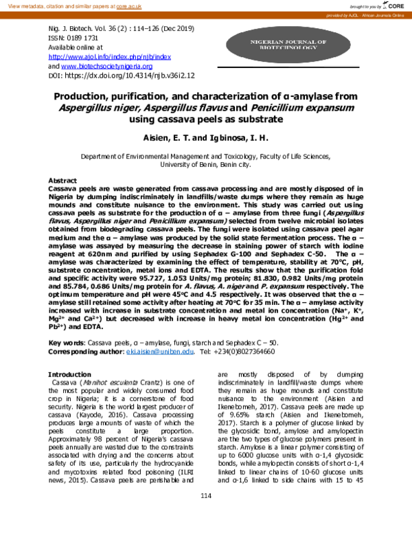 (PDF) Production, purification, and characterization of α-amylase from Aspergillus niger ...