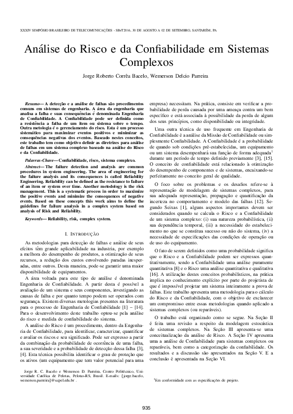 (PDF) Análise do Risco e da Confiabilidade em Sistemas Complexos