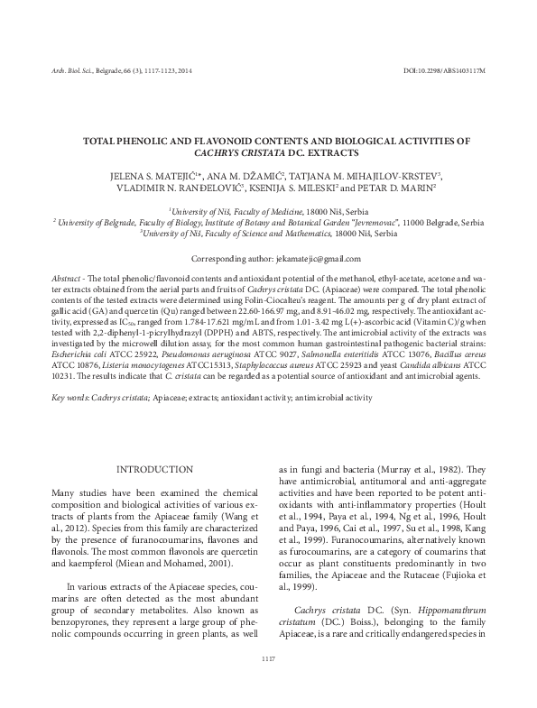 (PDF) Total phenolic and flavonoid contents and biological activities of Cachrys cristata DC ...