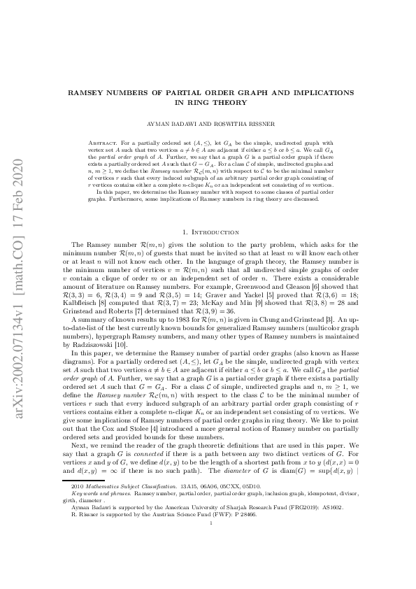 (PDF) Ramsey numbers of partial order graphs and implications in ring theory