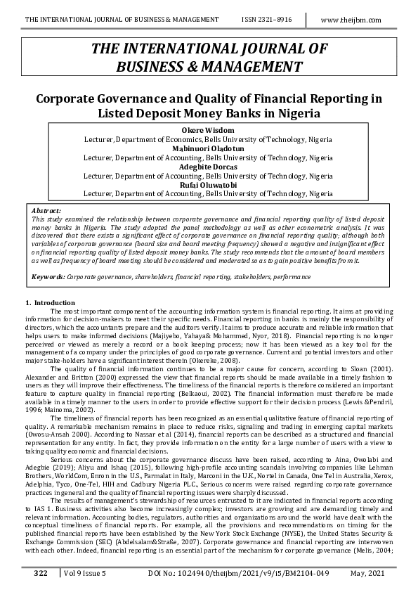 (PDF) Corporate Governance and Quality of Financial Reporting in Listed Deposit Money Banks in ...