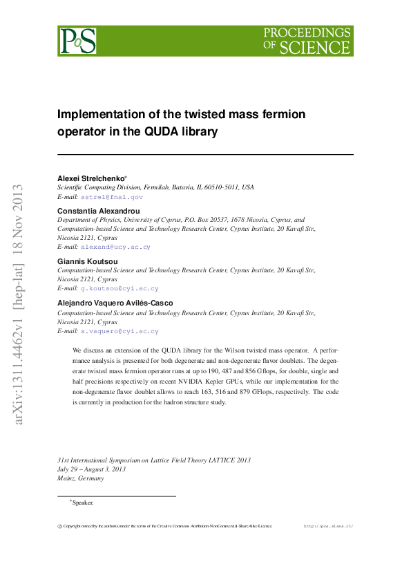 (PDF) Implementation of the twisted mass fermion operator in QUDA library
