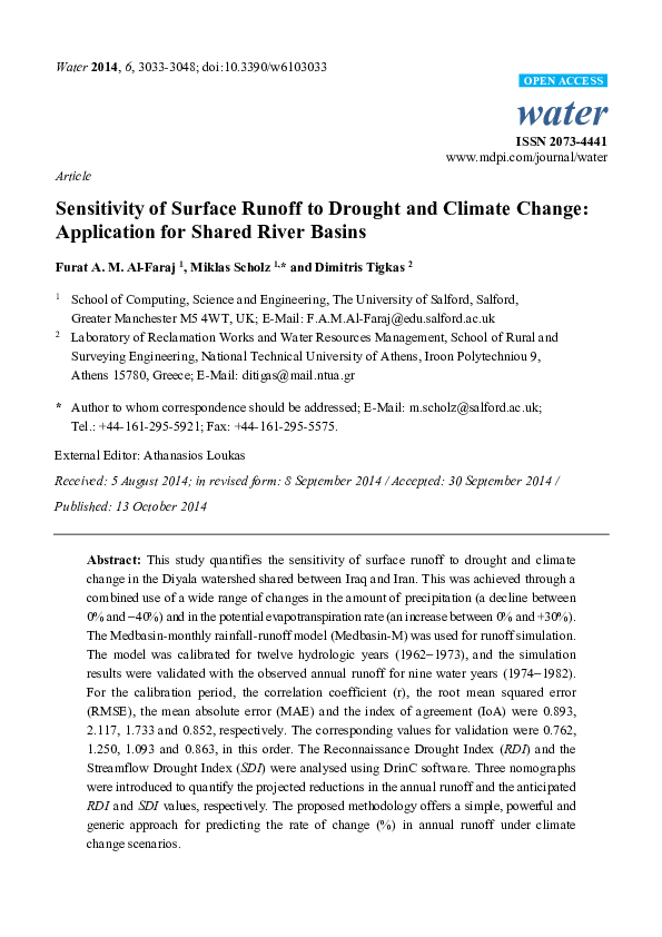 (PDF) Article Sensitivity of Surface Runoff to Drought and Climate Change: Application for ...