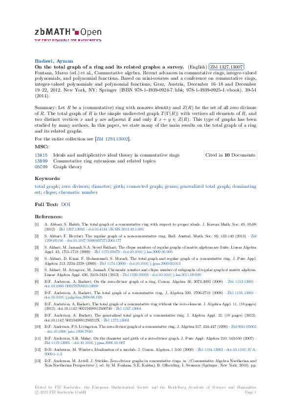 (PDF) On the Total Graph of a Ring and Its Related Graphs: A Survey