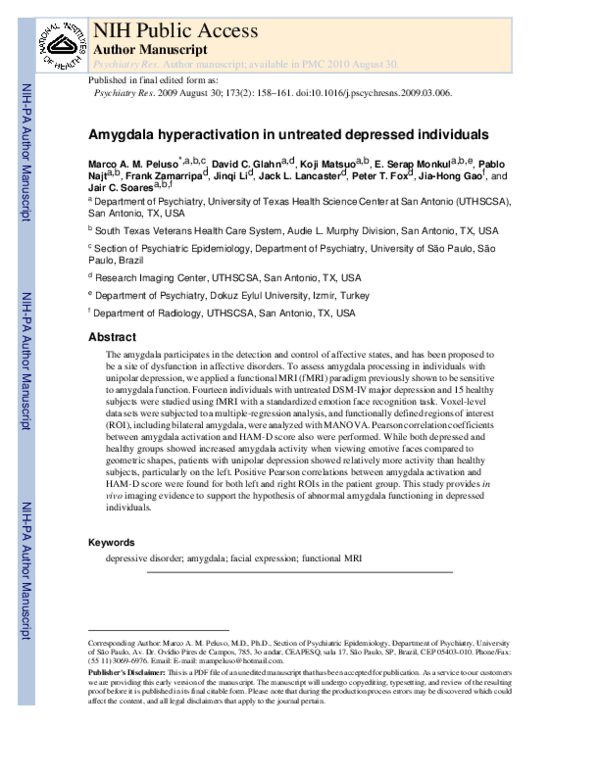 (PDF) Amygdala hyperactivation in untreated depressed individuals