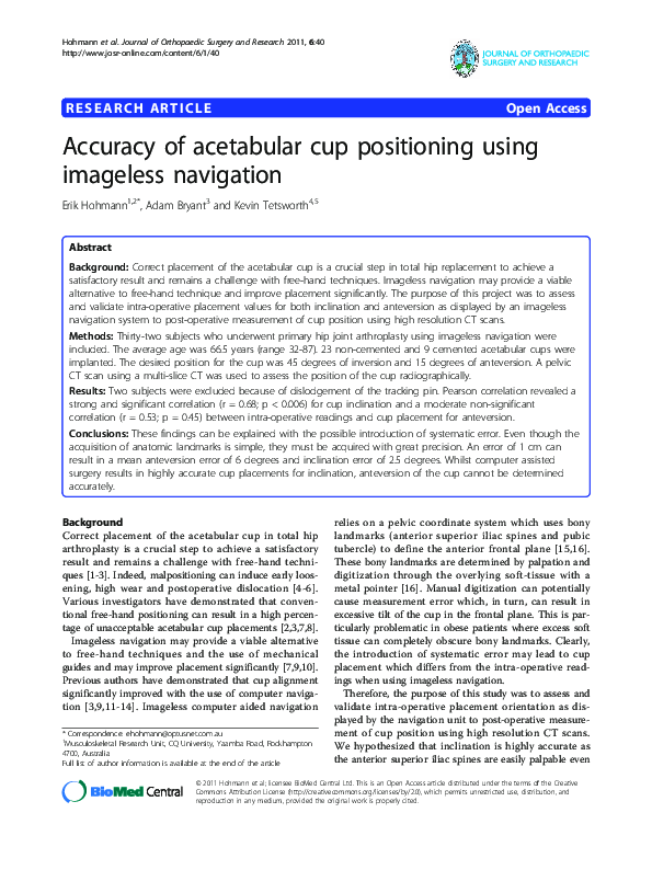 (PDF) Accuracy of acetabular cup positioning using imageless navigation ...