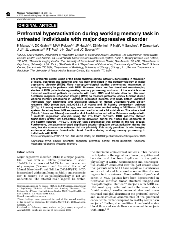 (PDF) Prefrontal hyperactivation during working memory task in untreated individuals with major ...