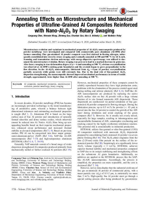 (PDF) Annealing Effects on Microstructure and Mechanical Properties of Ultrafine-Grained Al ...