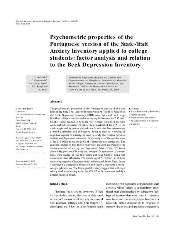 (PDF) Psychometric properties of the Portuguese version of the State-Trait Anxiety Inventory ...