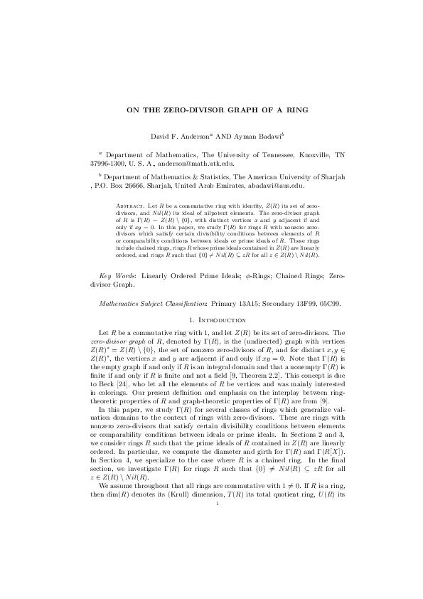(PDF) On the Zero-Divisor Graph of a Ring