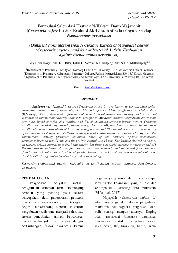 (PDF) (Ointment Formulation from N-Hexane Extract of Majapahit Leaves (Crescentia cujete l.) and ...