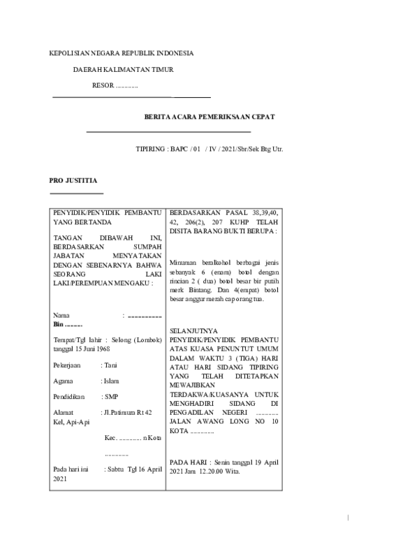 (DOC) Berita Acara Pemeriksaan (BAP) Cepat Tindak Pidana Ringan (Tipiring)