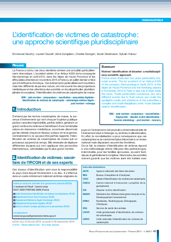 (PDF) L’identification de victimes de catastrophe : une approche ...