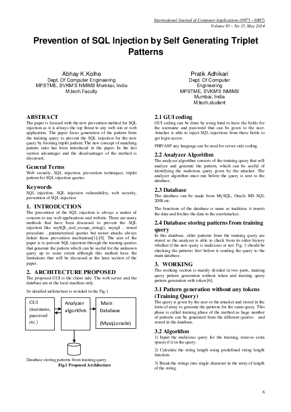 (PDF) Prevention of SQL Injection by Self Generating Triplet Patterns | Abhay Kolhe - Academia.edu