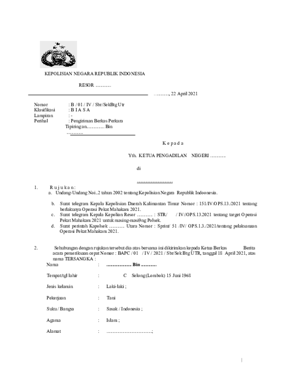 (DOC) Surat Pengiriman Berita Acara Pemeriksaan (BAP) Cepat Tindak Pidana Ringan (Tipiring ...