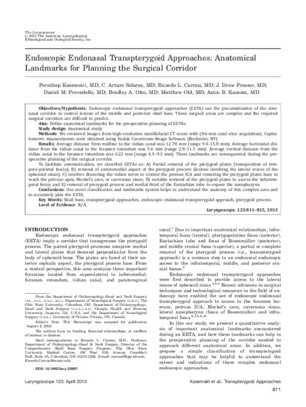 (PDF) Endoscopic endonasal transpterygoid approaches: Anatomical landmarks for planning the ...