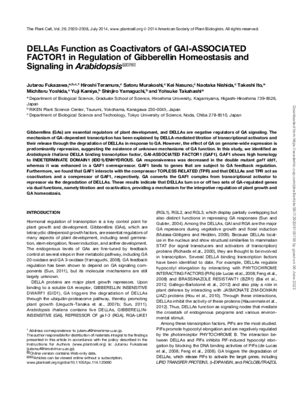 (PDF) DELLAs Function as Coactivators of GAI-ASSOCIATED FACTOR1 in ...