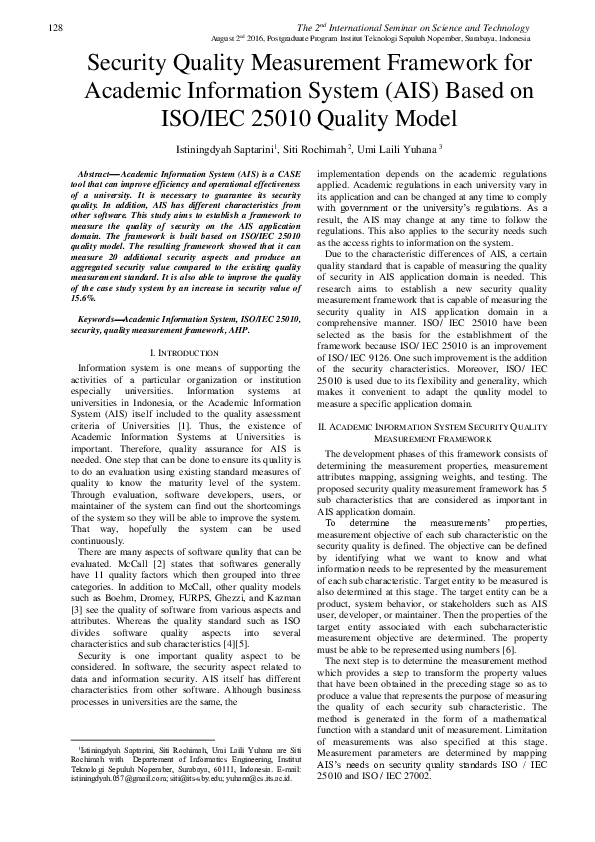 (PDF) Security Quality Measurement Framework for Academic Information System (AIS) Based on ISO ...