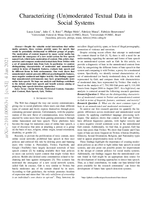 (PDF) Characterizing (Un)moderated Textual Data in Social Systems