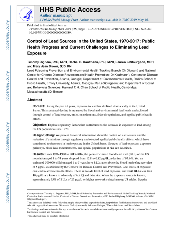 (PDF) Control of Lead Sources in the United States, 1970-2017: Public ...