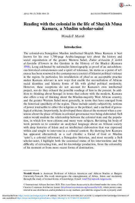 (PDF) Reading with the colonial in the life of Shaykh Musa Kamara, a ...