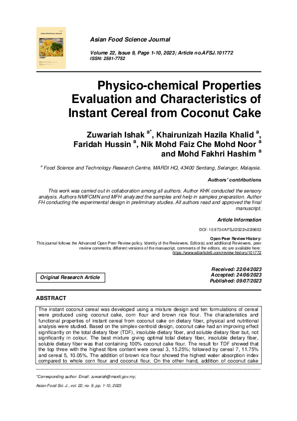 (PDF) Physico-chemical Properties Evaluation and Characteristics of Instant Cereal from Coconut Cake