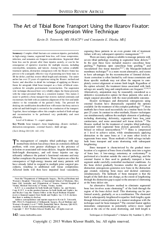 (PDF) The Art of Tibial Bone Transport Using the Ilizarov Fixator
