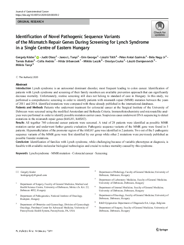 (PDF) Identification of Novel Pathogenic Sequence Variants of the Mismatch Repair Genes During ...