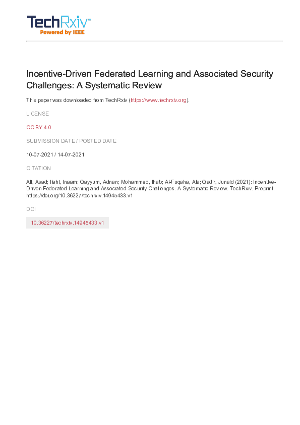 (PDF) Incentive-Driven Federated Learning and Associated Security ... (PDF) Incentive-Driven Federated Learning and Associated Security ...