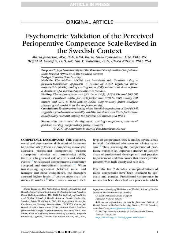 (PDF) Psychometric validation of the Perceived Perioperative Competence Scale‐Revised Short Form