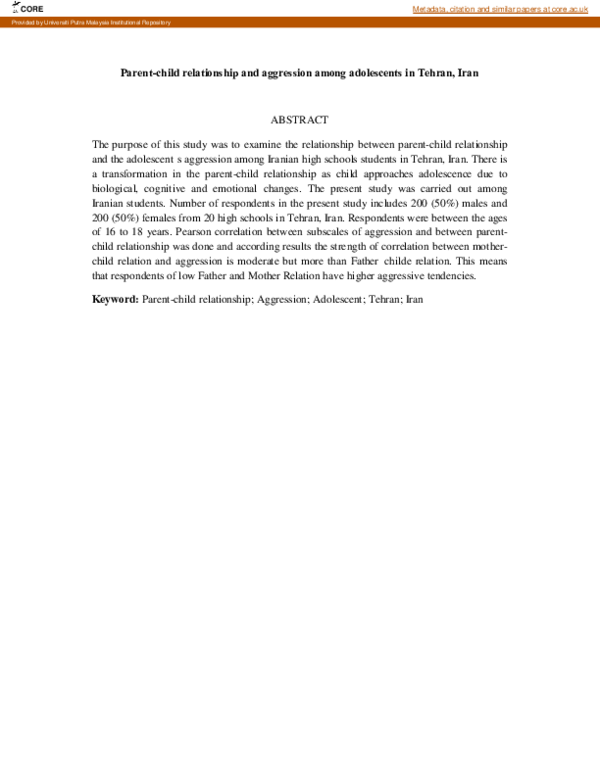 (PDF) Parent-child relationship and aggression among adolescents in Tehran, Iran