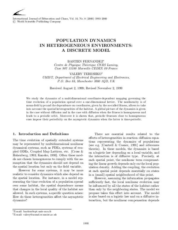 (PDF) Population Dynamics in Heterogeneous Environments: A Discrete Model | Valery Tereshko ...