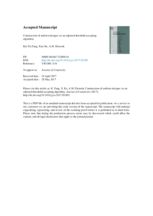 Pdf Construction Of Uniform Designs Via An Adjusted Threshold Accepting Algorithm Kai Tai
