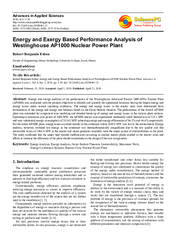 (PDF) Energy and Exergy Based Performance Analysis of Westinghouse AP1000 Nuclear Power Plant
