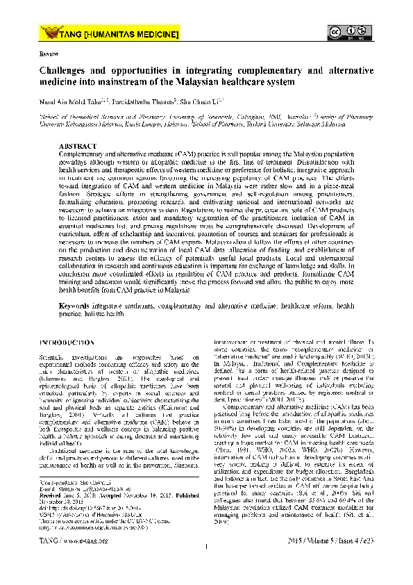 (PDF) Challenges and opportunities in integrating complementary and alternative medicine into ...