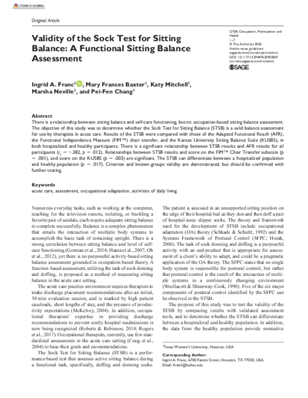 (PDF) Validity of the sock test for sitting balance: A functional ...