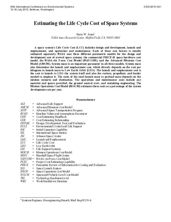 (PDF) Estimating the Life Cycle Cost of Space Systems