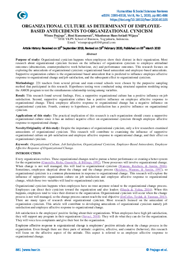 (PDF) Organizational Culture as Determinant of Employee-Based Antecedents to Organizational Cynicism