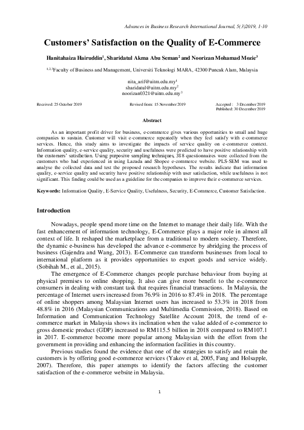 (PDF) Customers’ Satisfaction on the Quality of E-Commerce
