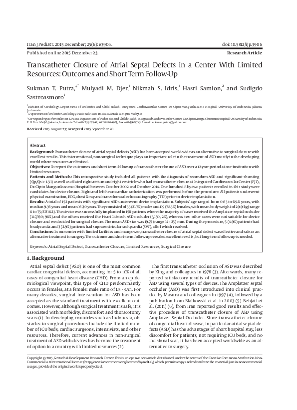 (PDF) Transcatheter Closure of Atrial Septal Defects in a Center With ...