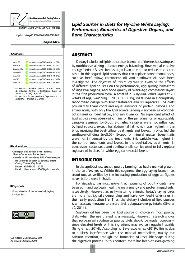 (PDF) Lipid Sources in Diets for Hy-Line White Laying: Performance ...