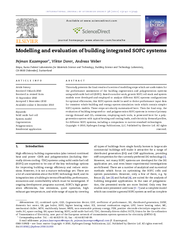 (PDF) Modelling and evaluation of building integrated SOFC systems