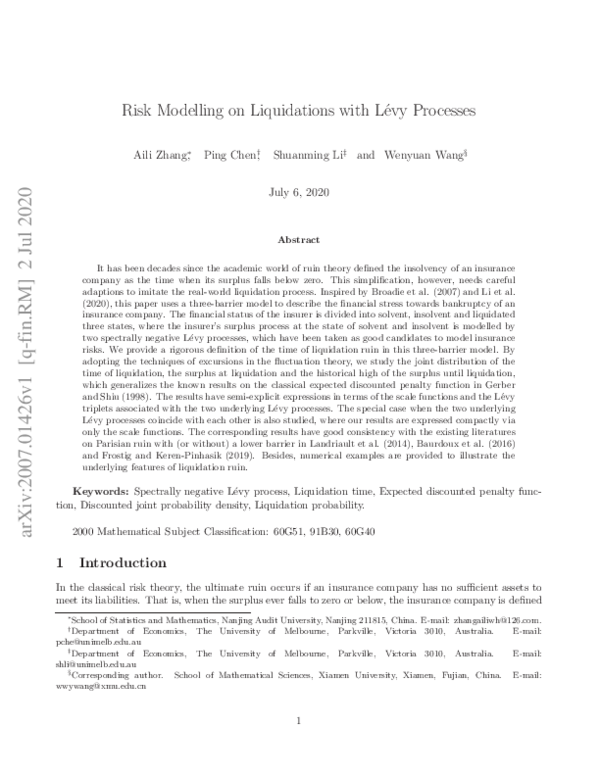 (PDF) Risk Modelling on Liquidations with L\'{e}vy Processes