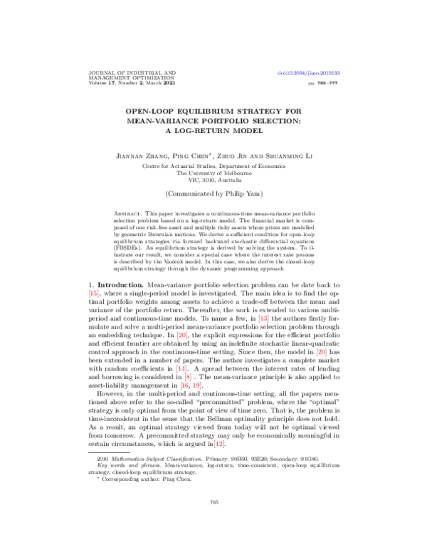 Pdf Open Loop Equilibrium Strategy For Mean Variance Portfolio