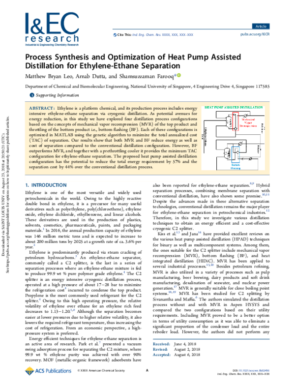 (PDF) Process Synthesis and Optimization of Heat Pump Assisted Distillation for Ethylene-Ethane ...