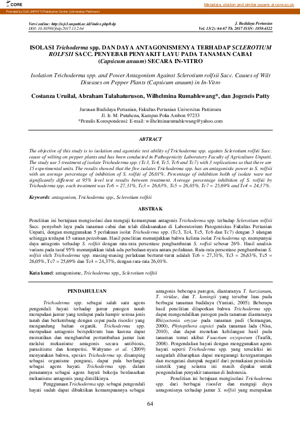 (PDF) ISOLASI Trichoderma spp. DAN DAYA ANTAGONISMENYA TERHADAP SCLEROTIUM ROLFSII SACC ...